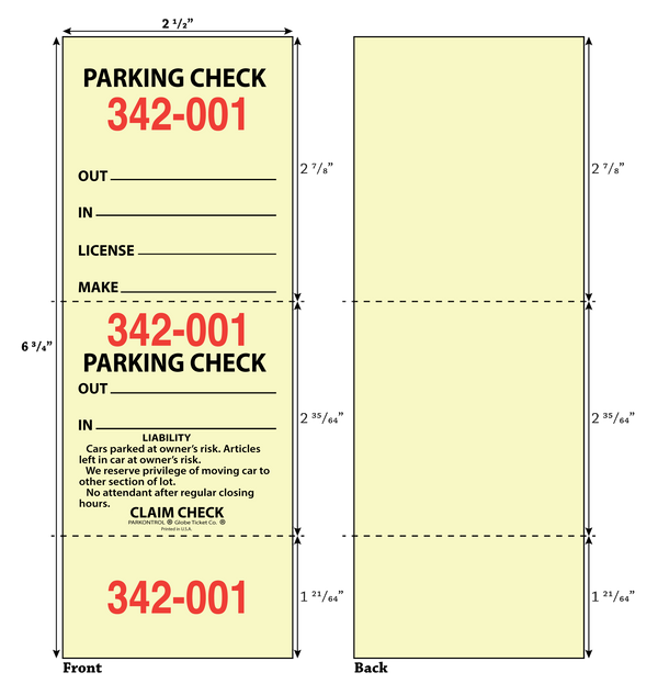 3-Part Valet Parking Tickets (10,000/Case) - Globe Ticket